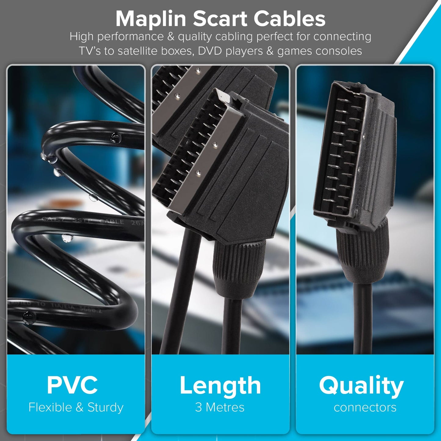 Maplin Premium 21 Pin Connector SCART Cable - Black, 3m | Cables ...